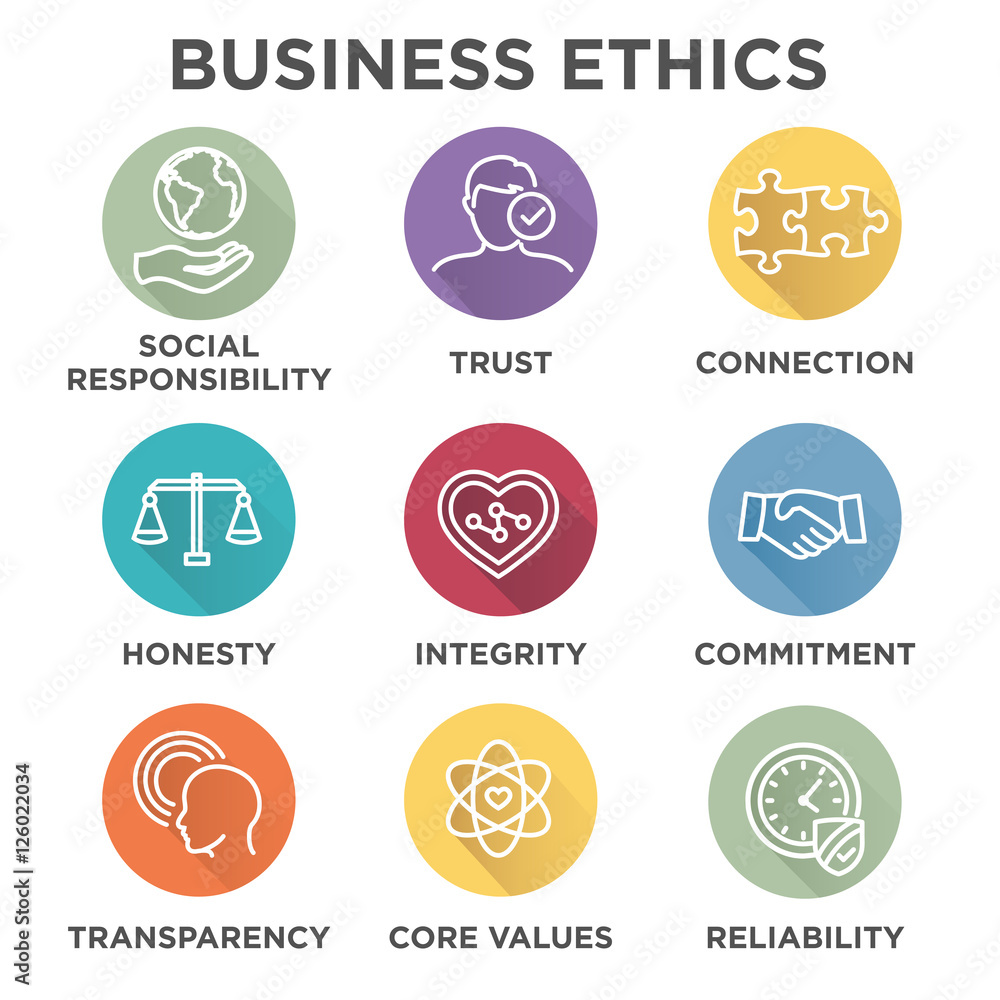 Business Ethics Icon Set with social responsibility, corporate core ...