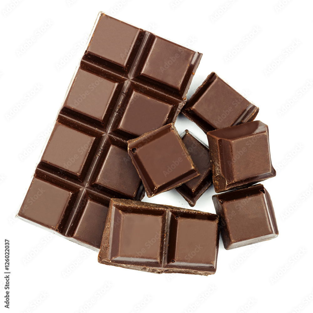 Dark chocolate bar and cubes isolated on white backgroun, top view ...