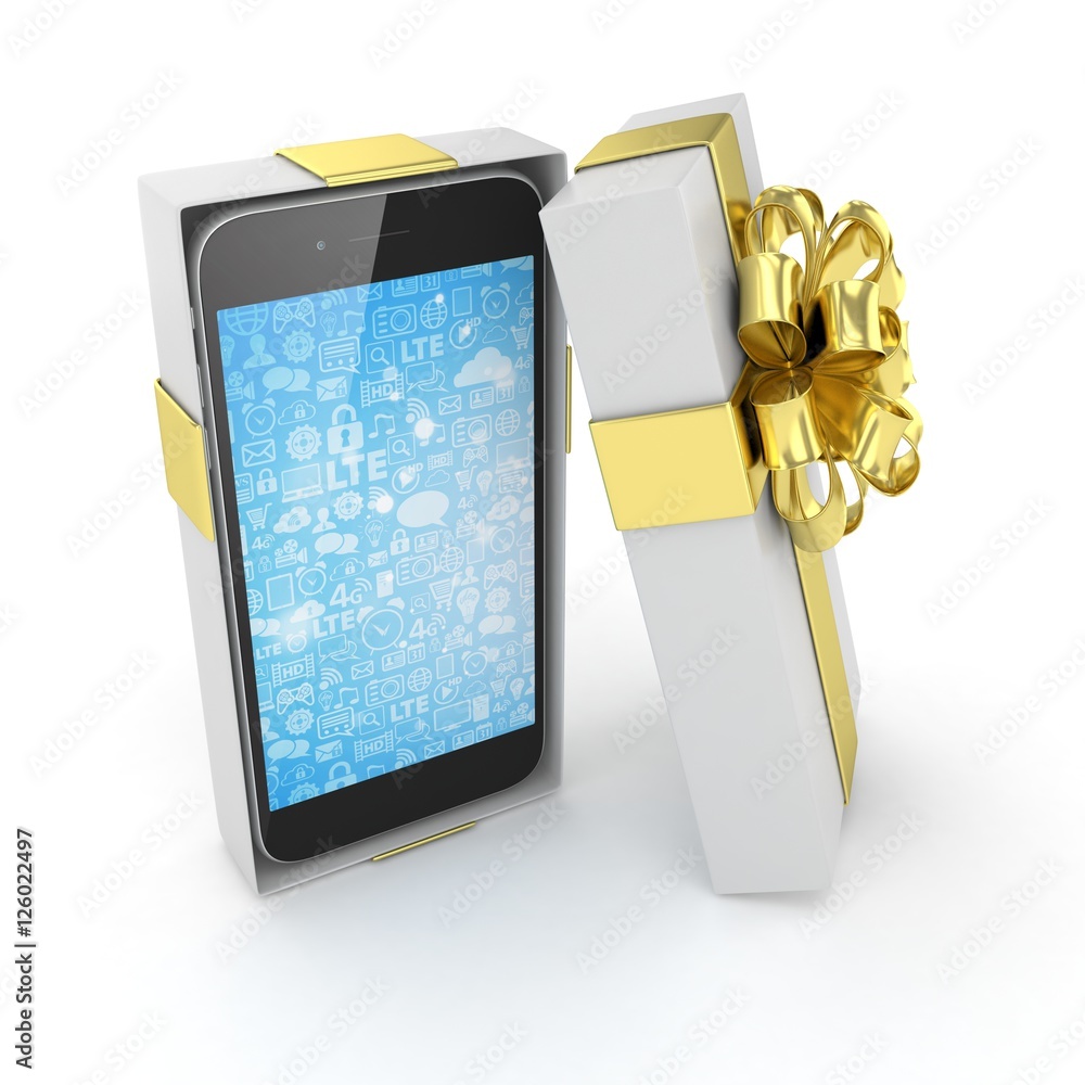 Smartphone in gift box. Isolated on white background. 3d rendering ...
