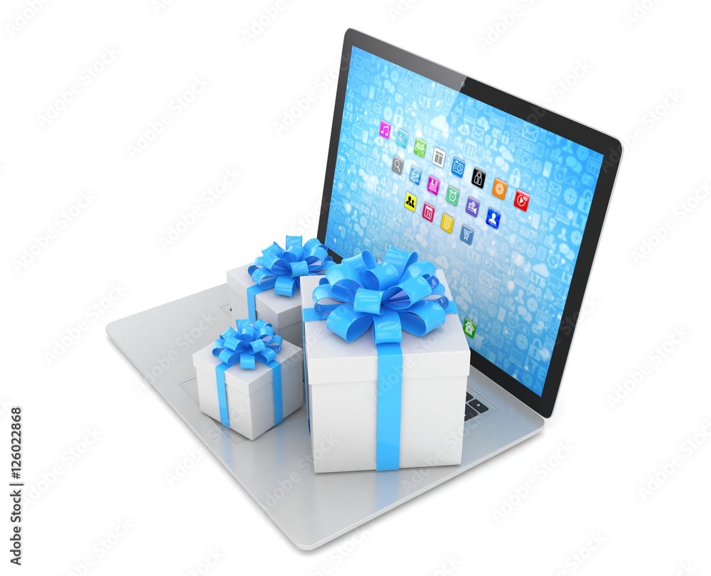 Gift box with ribbon bow on laptop keyboard. 3d rendering. Stock ...