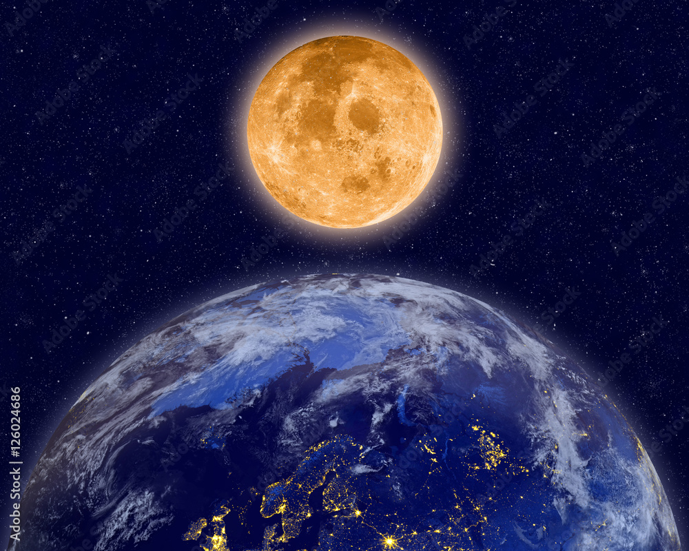 Planet earth and full moon on night sky. Elements of this image ...