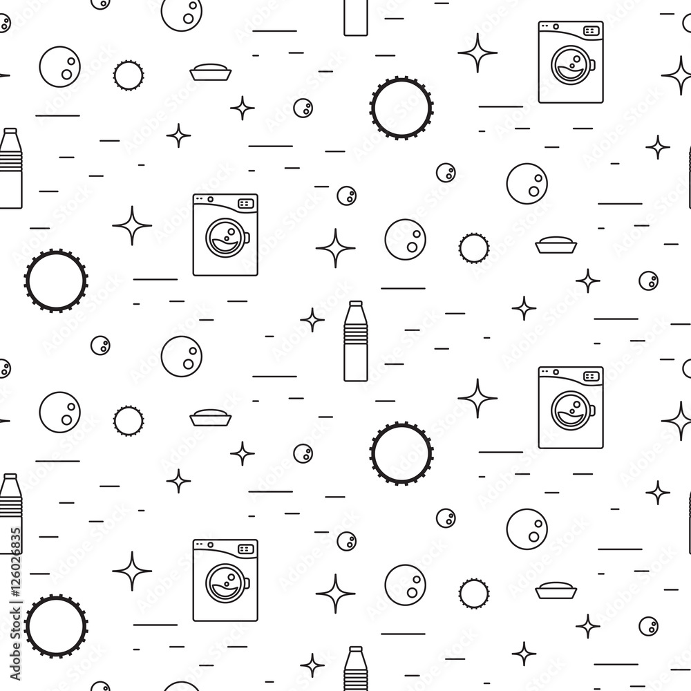 Washing machine and soap bubbles thin line seamless pattern. Black and ...