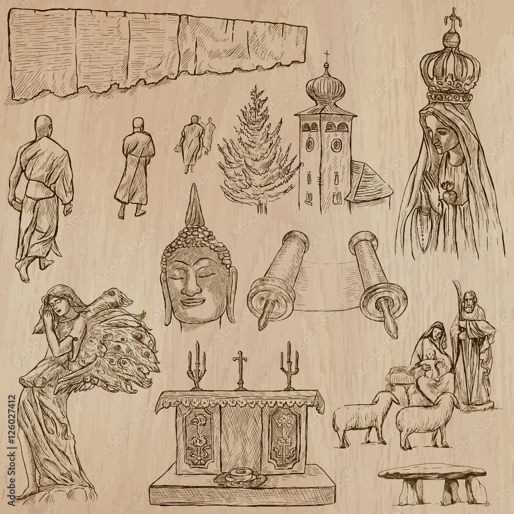 Religion around the World - Vector set. Hand drawn collection. Stock ...