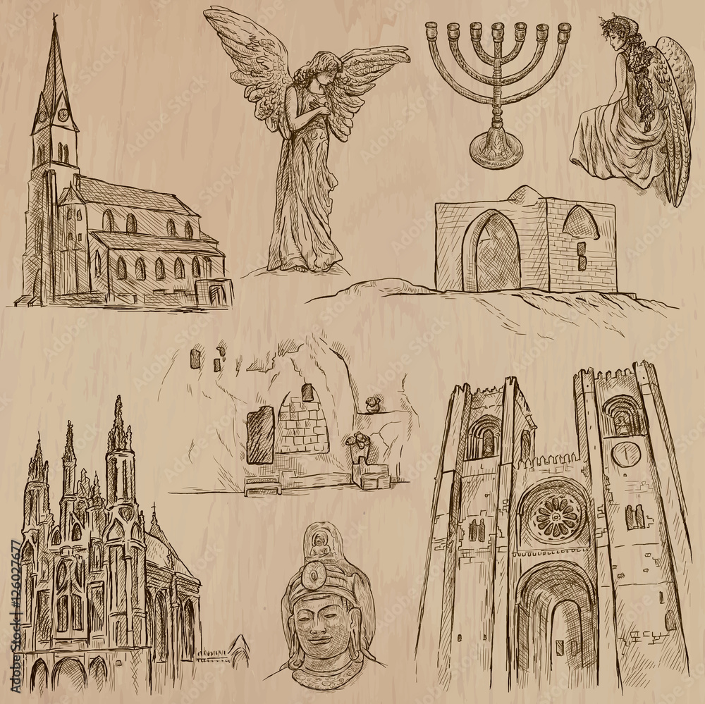 Religion around the World - Vector set. Hand drawn collection. Stock ...