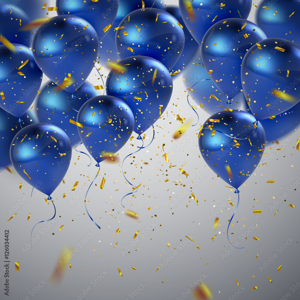 Blue balloons and golden confetti. Stock Vector | Adobe Stock