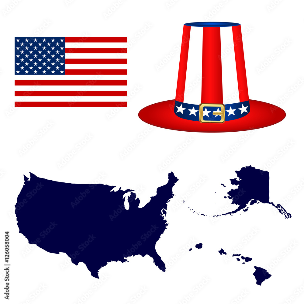 Map of the USA with a hat and flag on white background Stock Vector ...