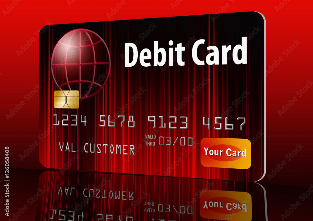 This is a generic version of a bank debit card. It is red and black on ...