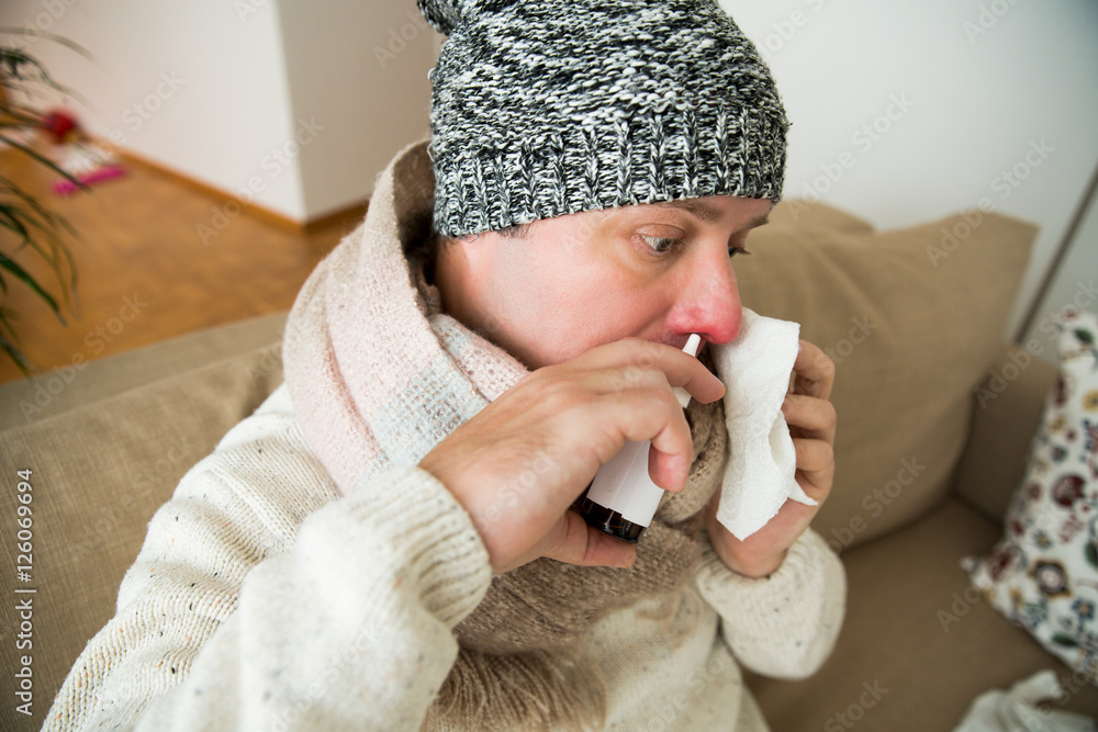 Sick man catch cold. Ill person sneezing, coughing, got flu, having red ...