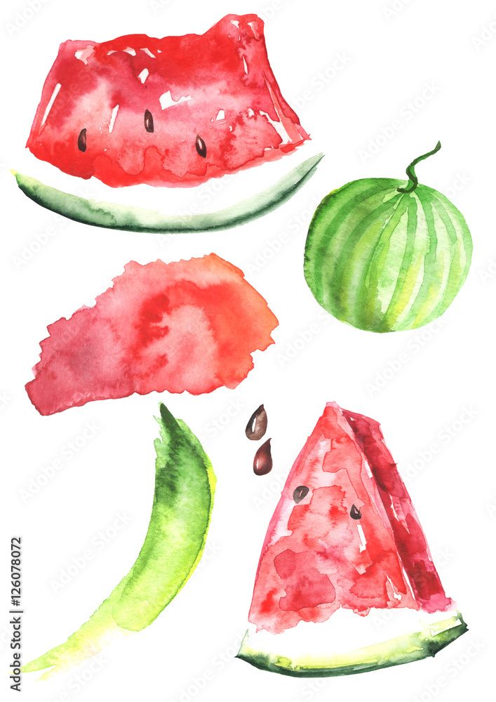 Watercolor set watermelon. The pulp, slice, watermelon seeds, fruit ...