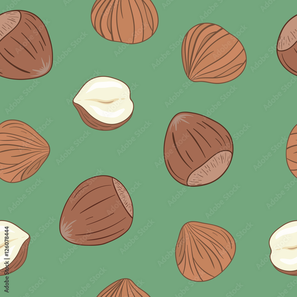 Seamless pattern with shelled and whole hazelnuts on green background ...