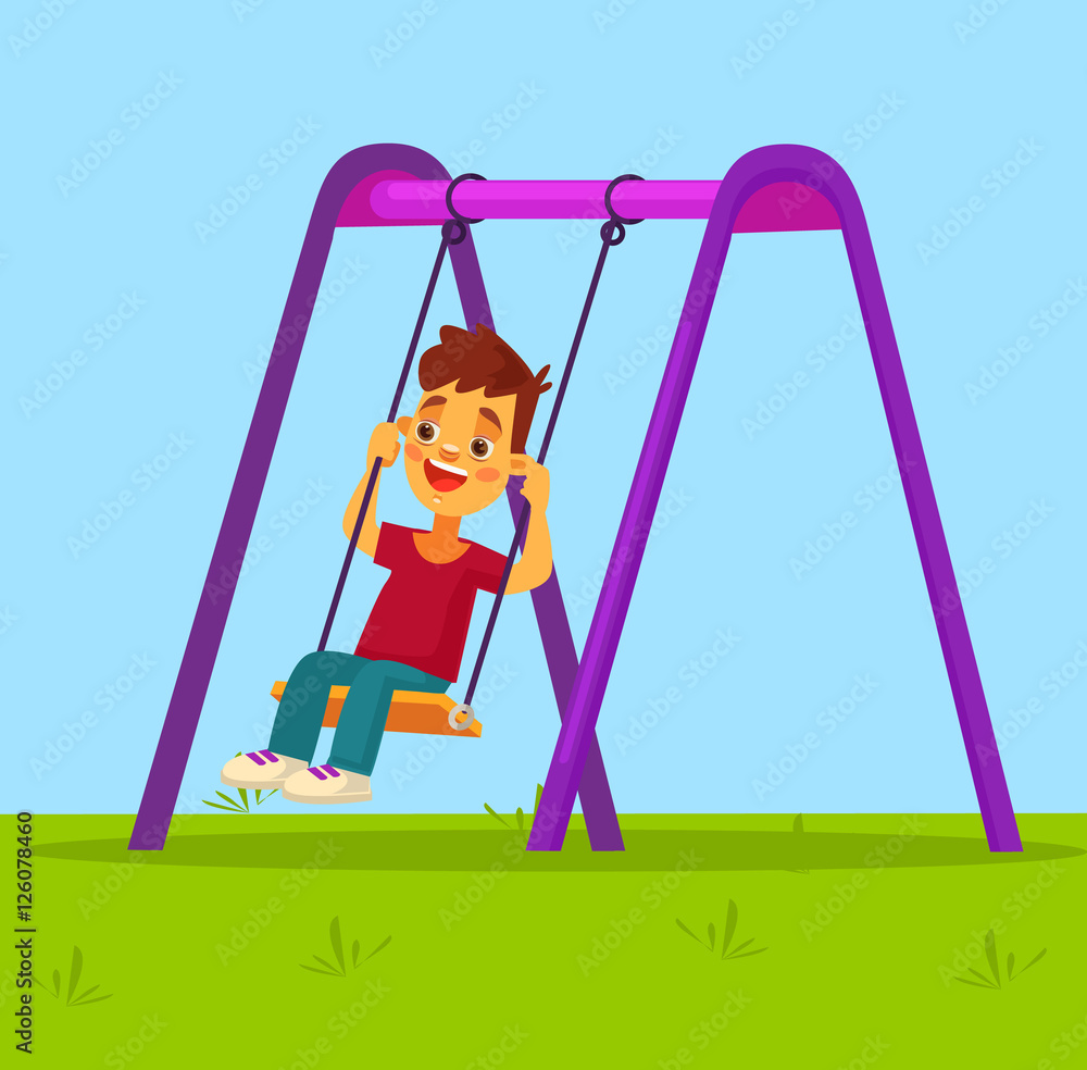 Little boy character swinging on swing. Vector flat cartoon ...