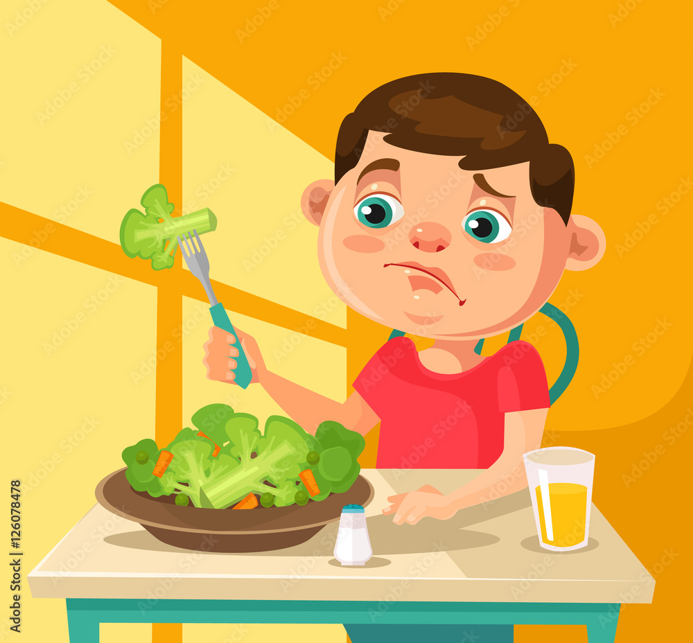 Child Character Does Not Want To Eat Broccoli Vector Flat Cartoon child-character-does-not-want-to-eat-broccoli-vector-flat-cartoon