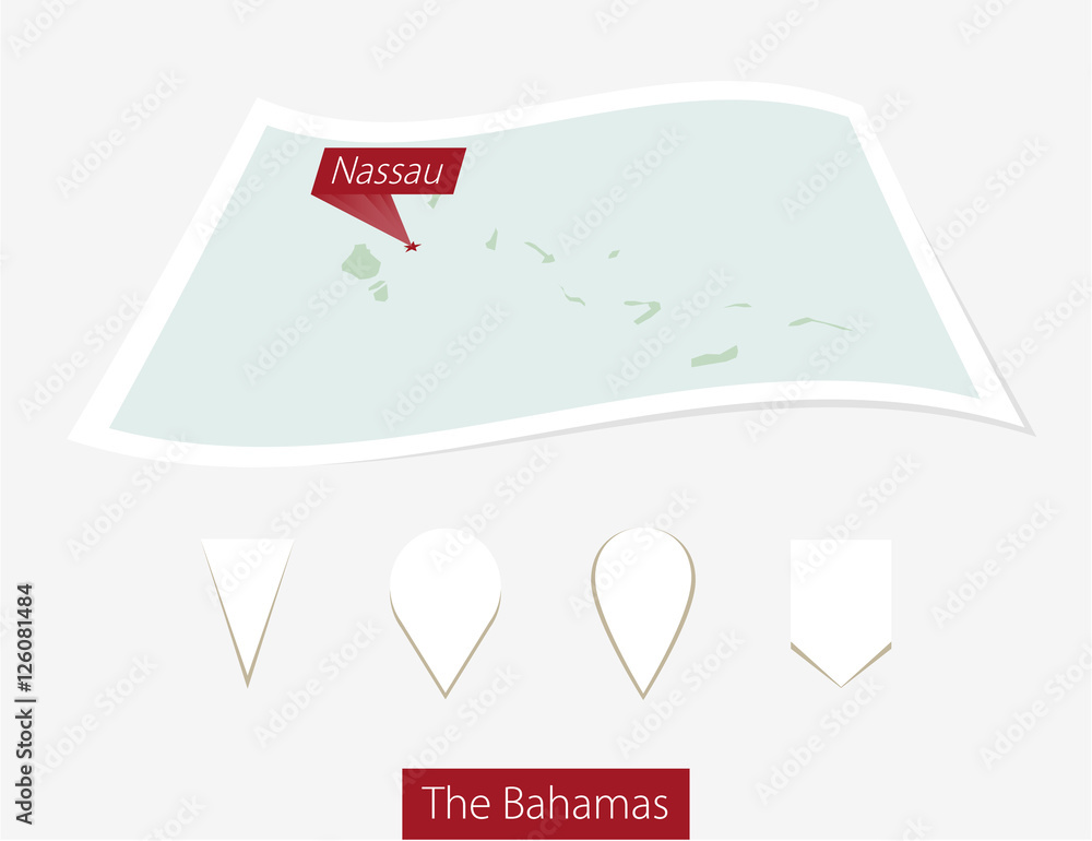 Curved paper map of The Bahamas with capital Nassau on Gray Background ...