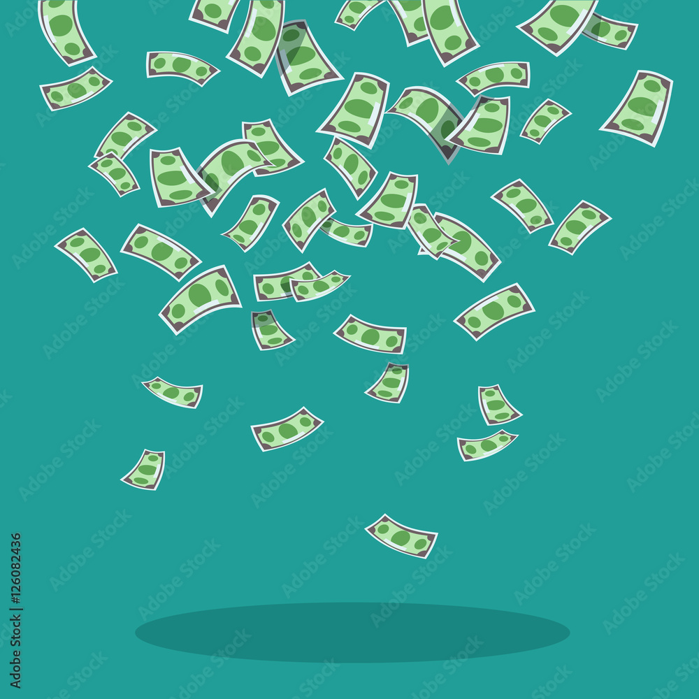 Vector illustration of falling money banknotes dollars blue background ...