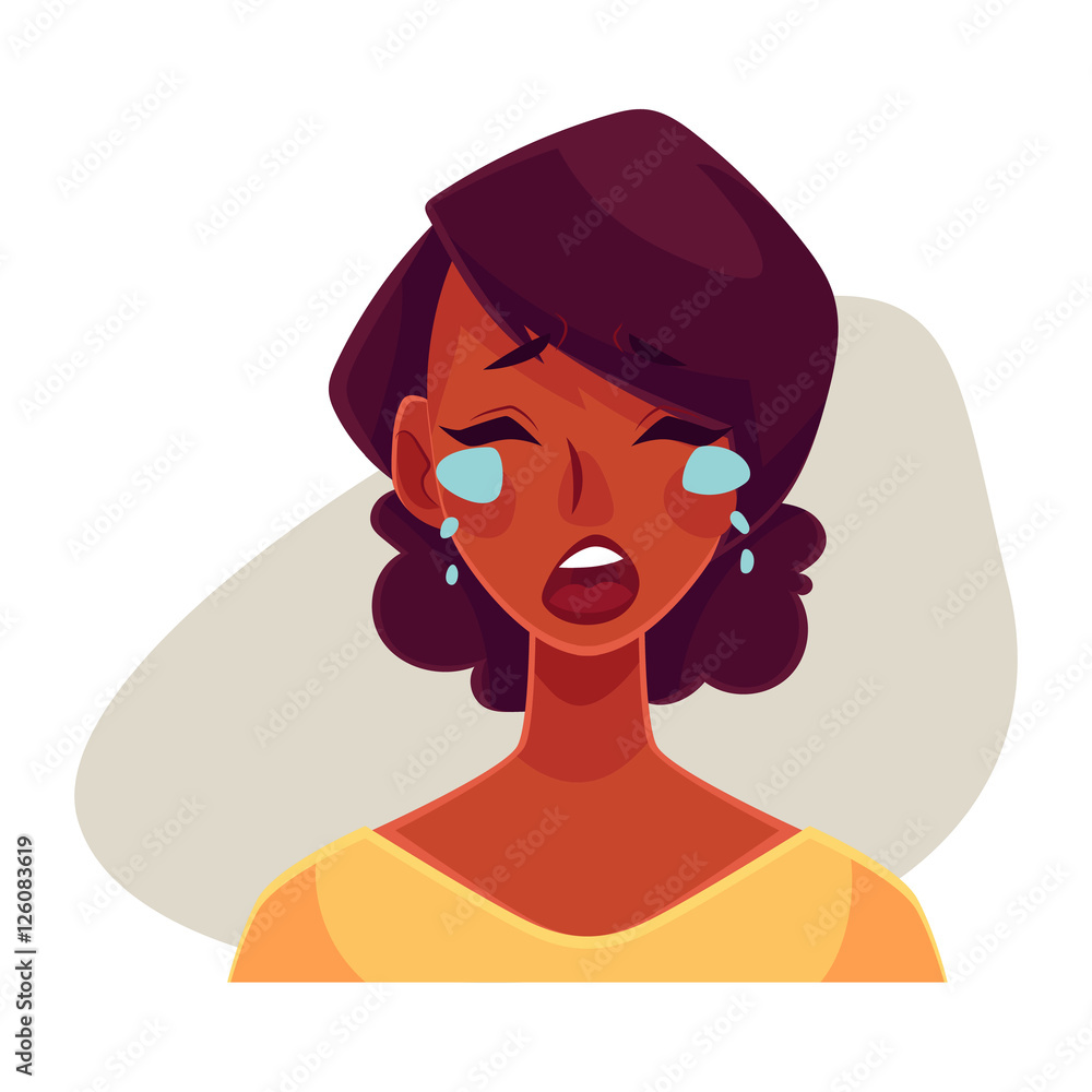 Pretty African girl, crying facial expression, cartoon vector ...