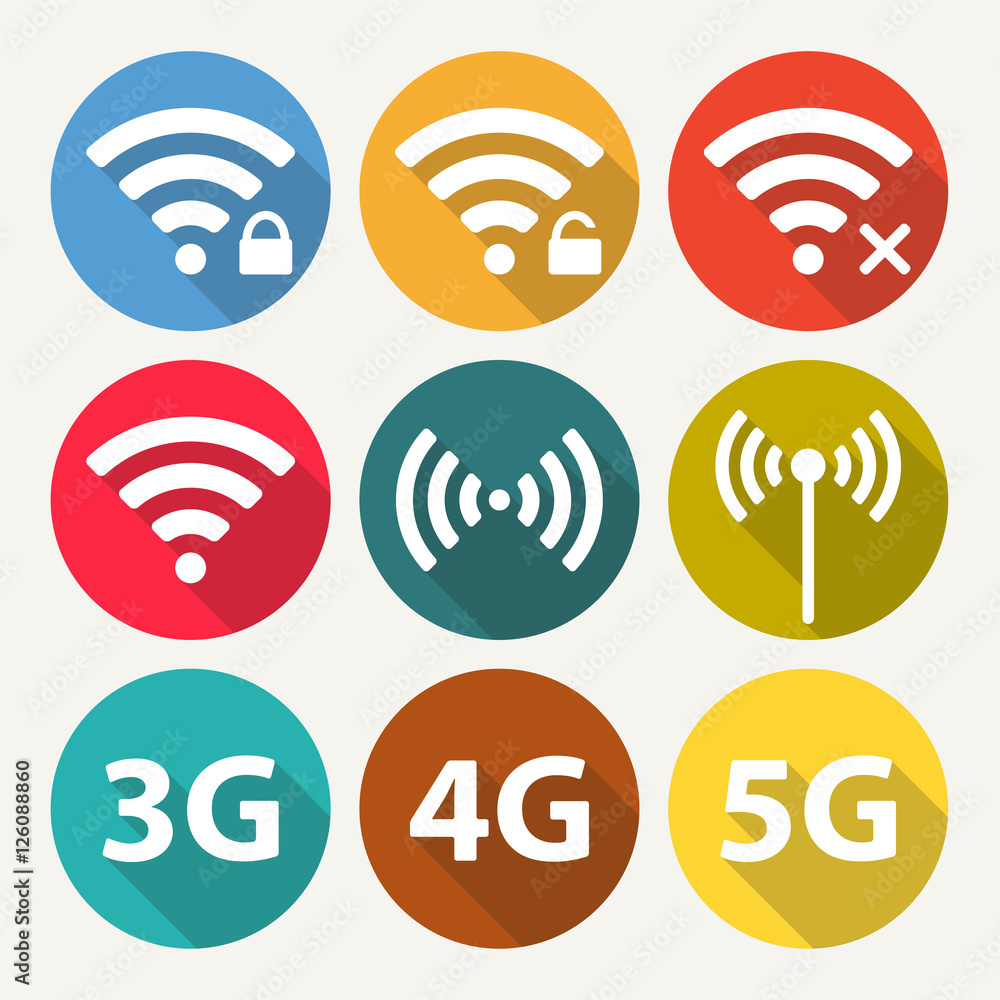 Wifi and wireless icon set for remote internet access. Podcast vector symbols in flat style. 3G ...
