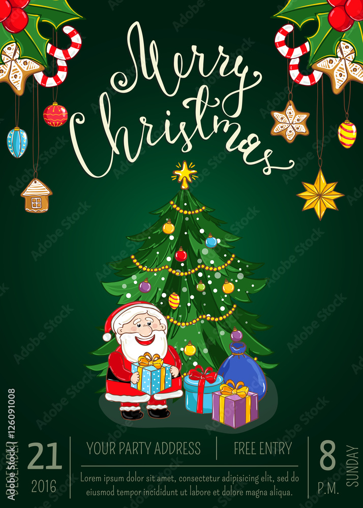 Christmas party promo poster with date, time. Santa, gifts, decorated ...