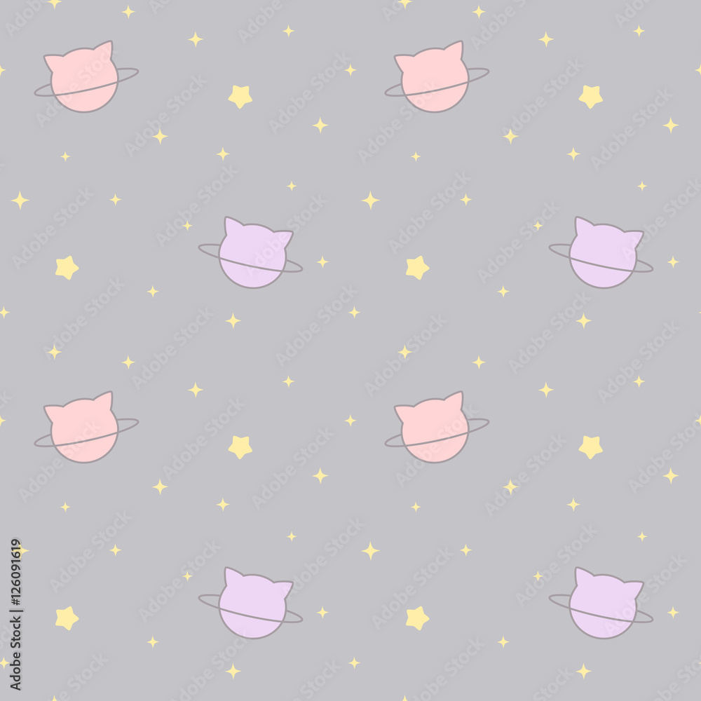 cute cartoon cat planet in the sky seamless vector pattern background ...