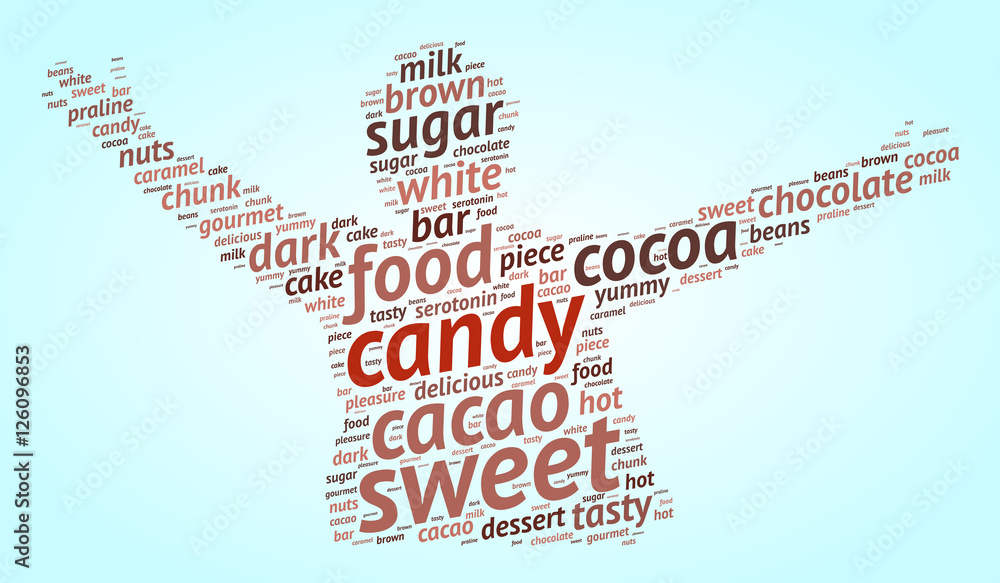 Candy. Word cloud in shape of a man, gradient blue background. Sweet ...