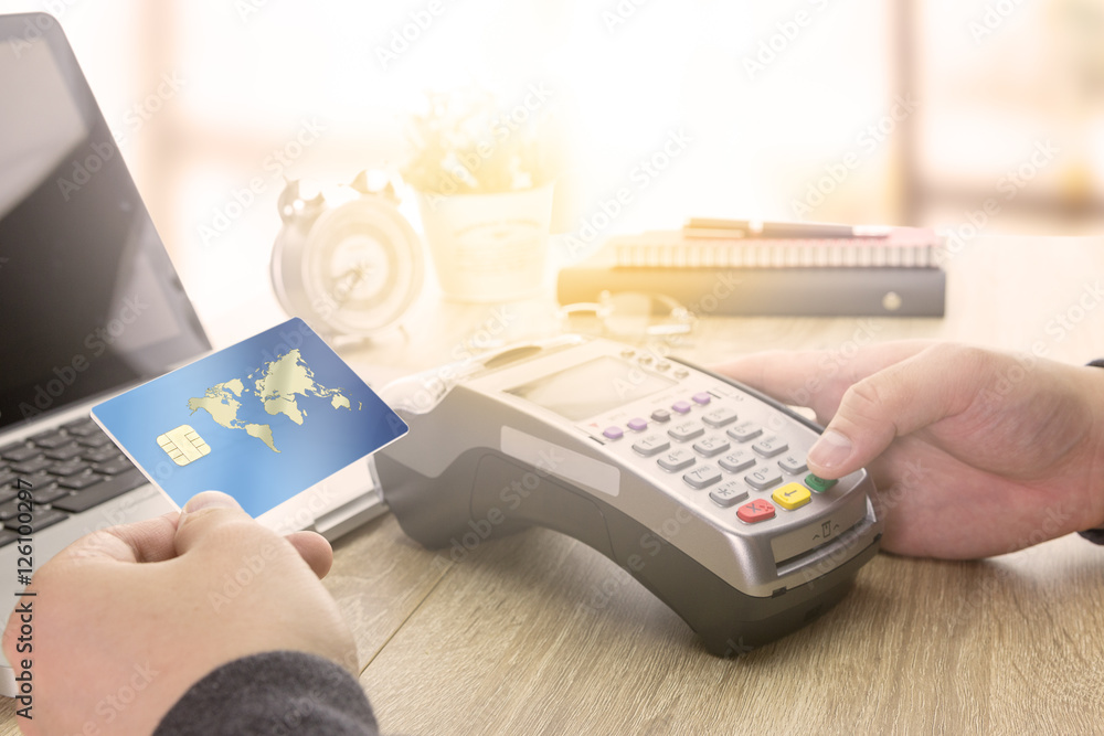 Cashier hand made a payment with Credit card and EDC machine or credit ...