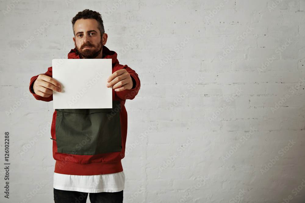 Plain white sign held by an attractive handsome male model with beard ...