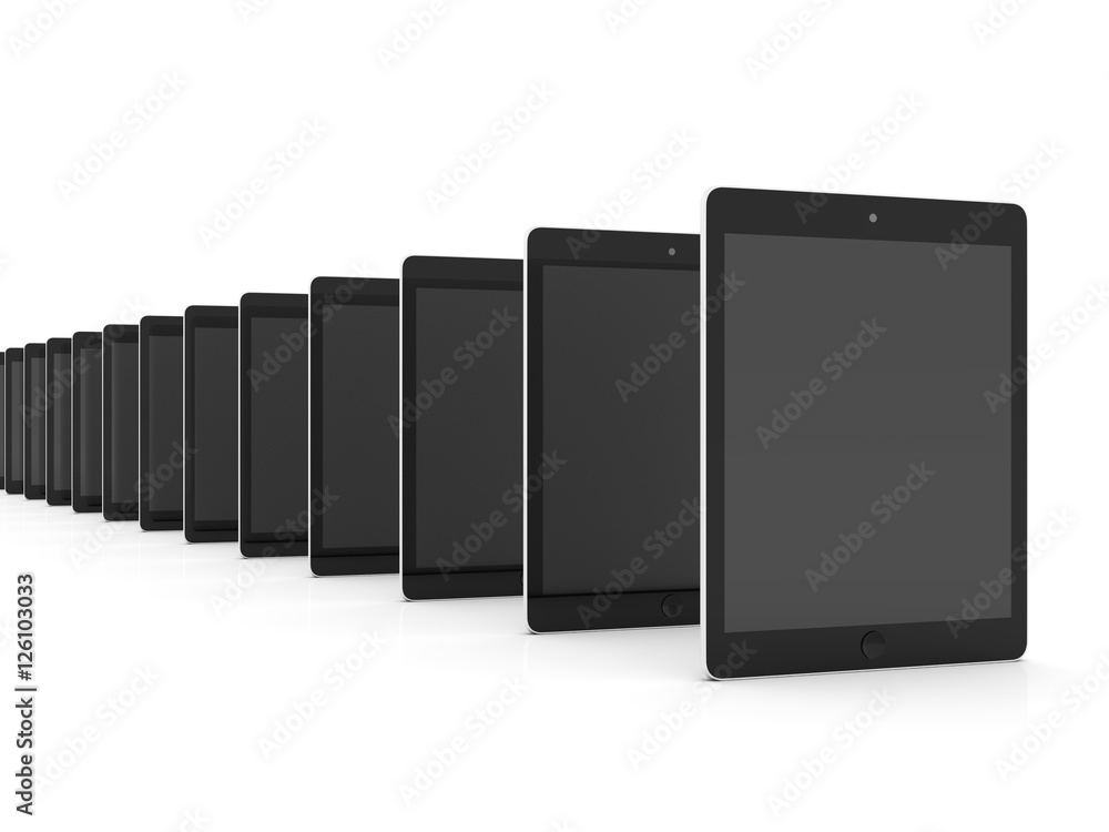 Domino style from tablets. Many gadgets in row Isolated on white ...