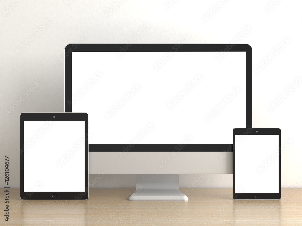 Responsive computer devices on desk isolated blank screen for mockup ...