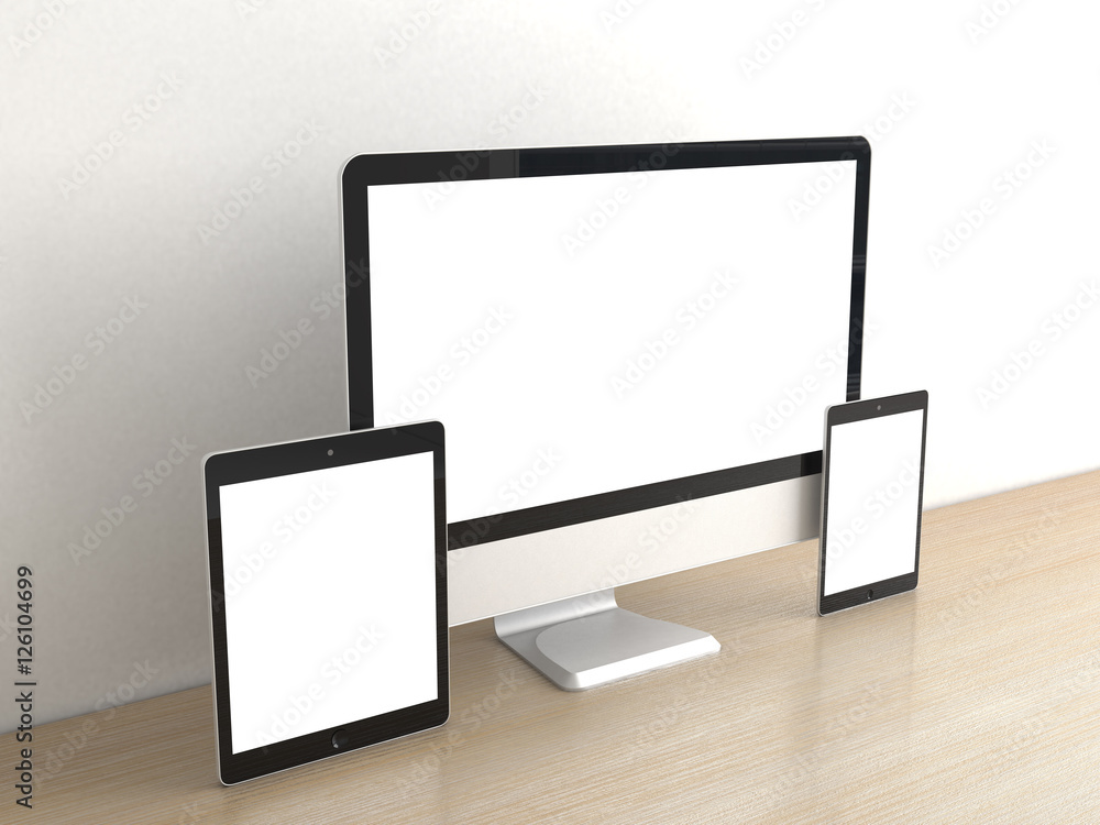 Responsive computer devices on desk isolated blank screen for mockup ...