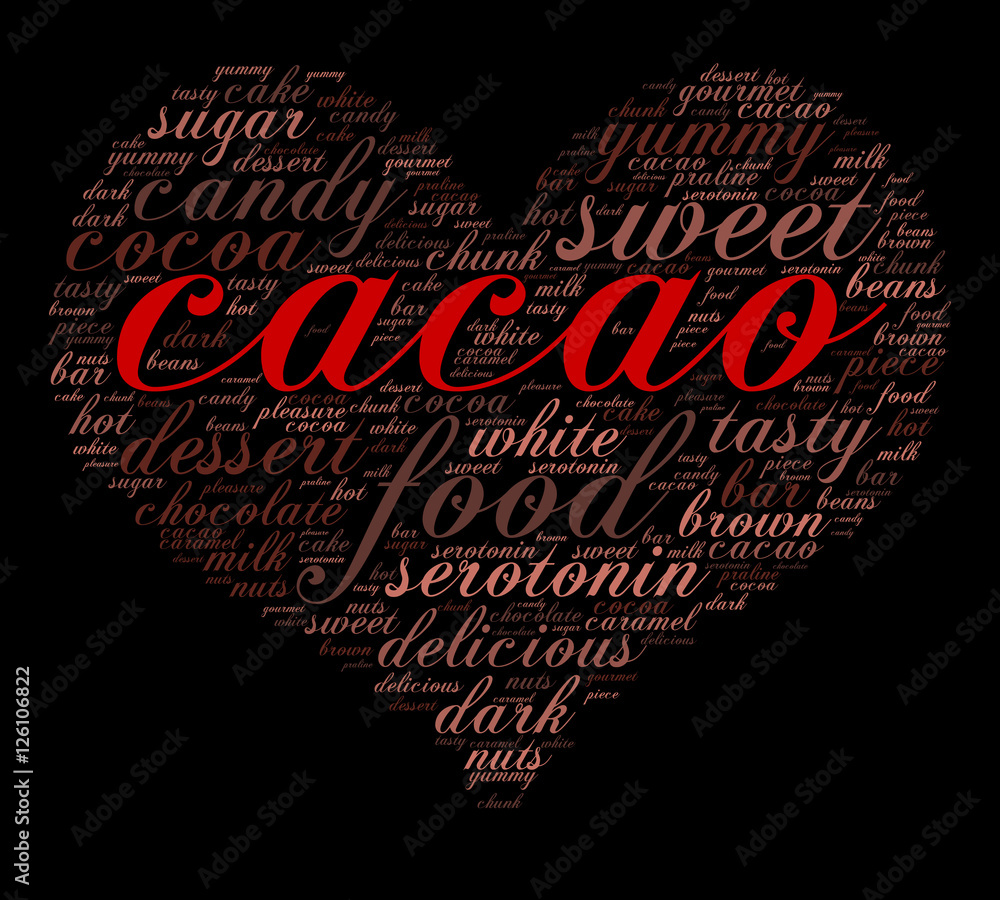 Cocoa. Word cloud in a heart shape, italic font, black background ...