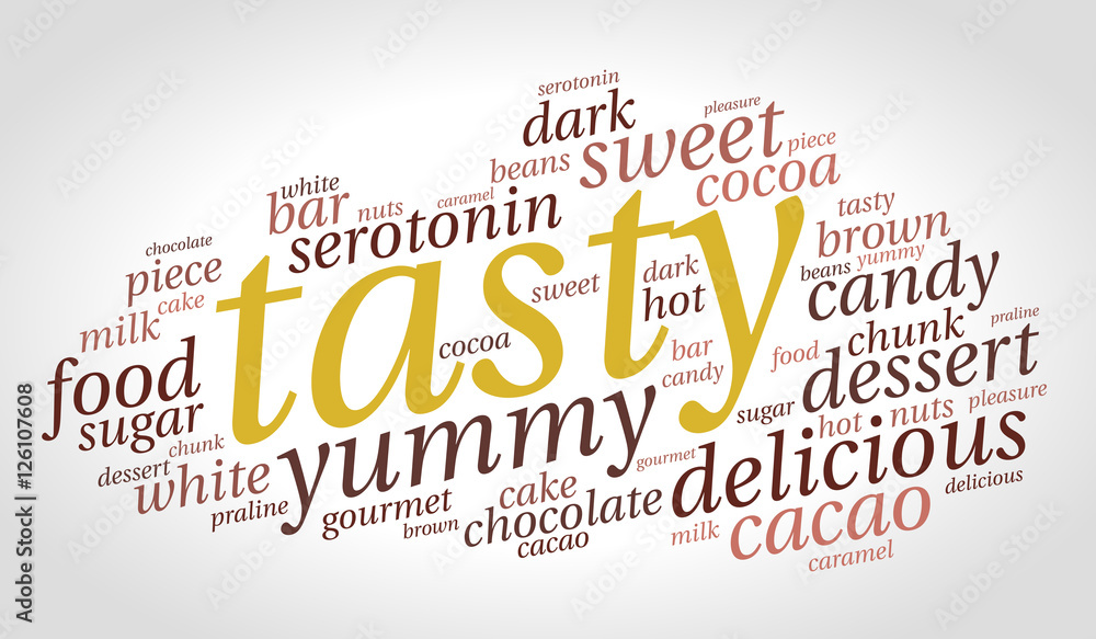 Tasty. Word cloud, italic font, grey background. Food concept. Stock ...