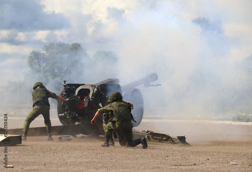 Russian army. The soldiers fired from a cannon. Stock Photo | Adobe Stock