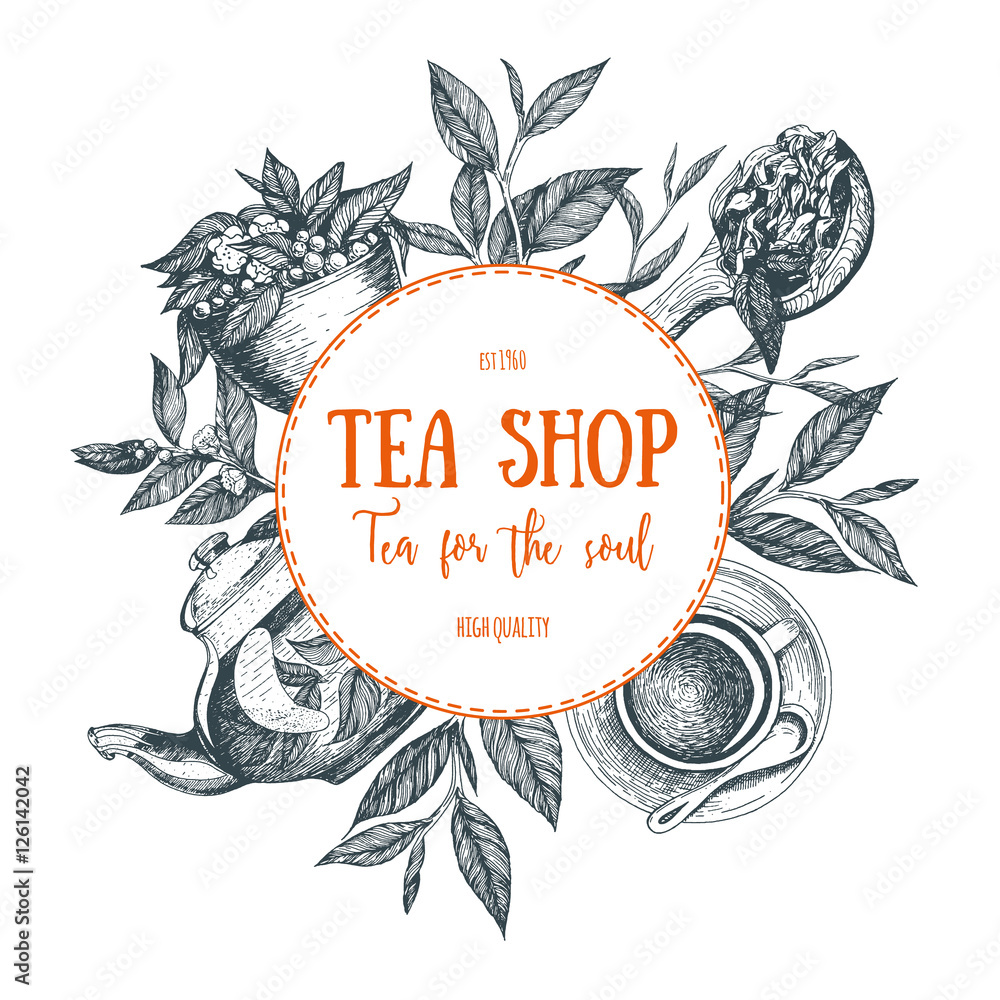 Vector tea shop illustration. Tea circle frame illustration. Menu label ...