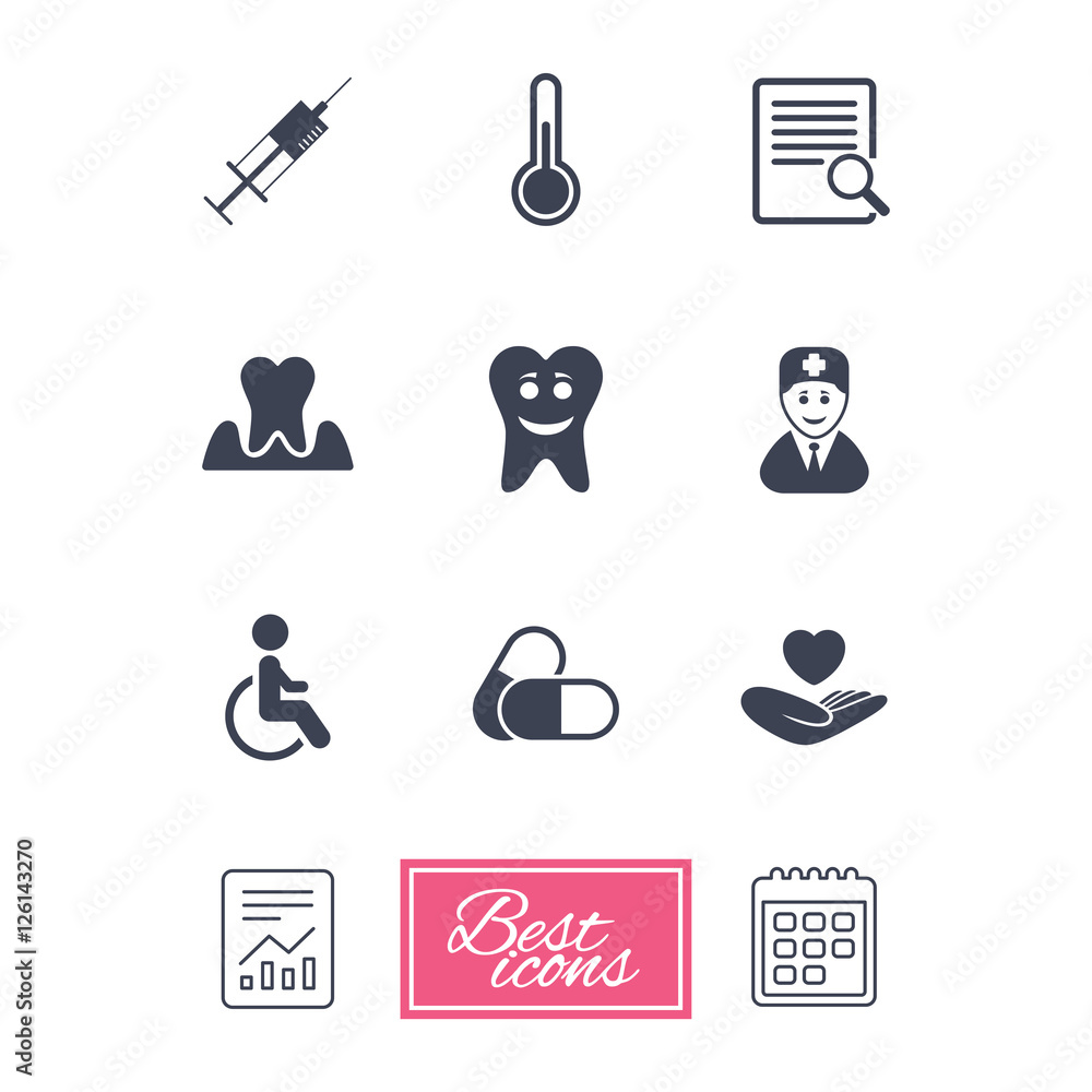 Medicine, medical health and diagnosis icons. Capsules, syringe and ...