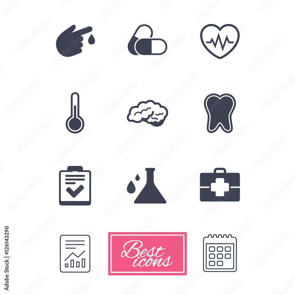 Medicine, healthcare and diagnosis icons. Tooth, pills and doctor case ...