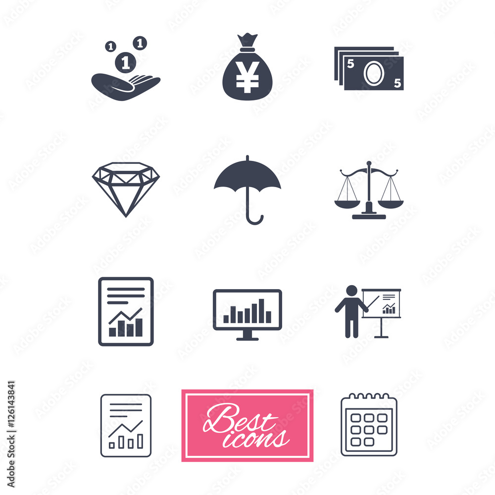 Money, cash and finance icons. Money savings, justice scales and report ...