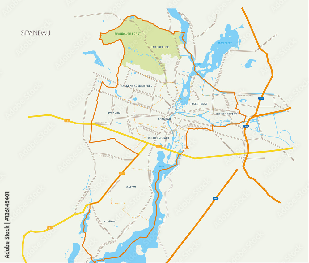 Karte Bezirk Spandau mit Ortsteilen, Straßen und Gewässern Stock ...