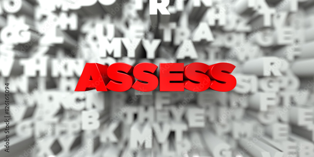 ASSESS - Red text on typography background - 3D rendered royalty free ...