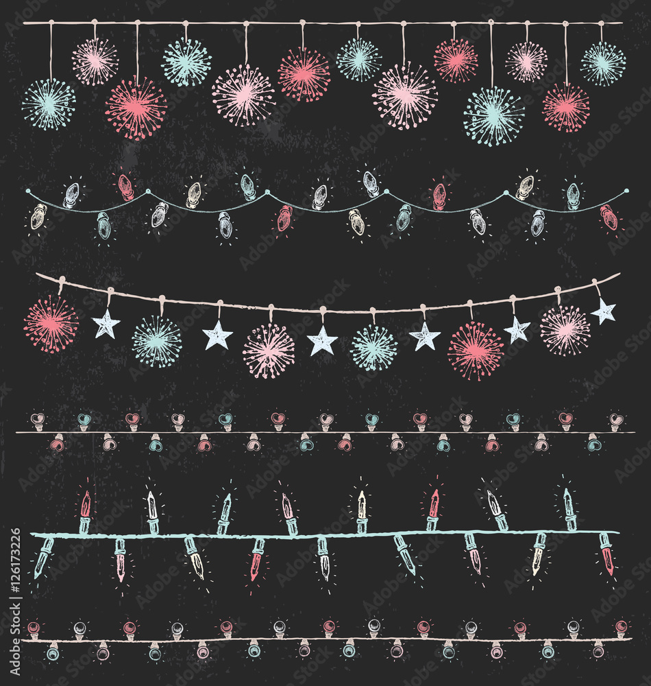 Christmas Party Lights and Garlands Vintage Chalk Drawing Vector Set ...