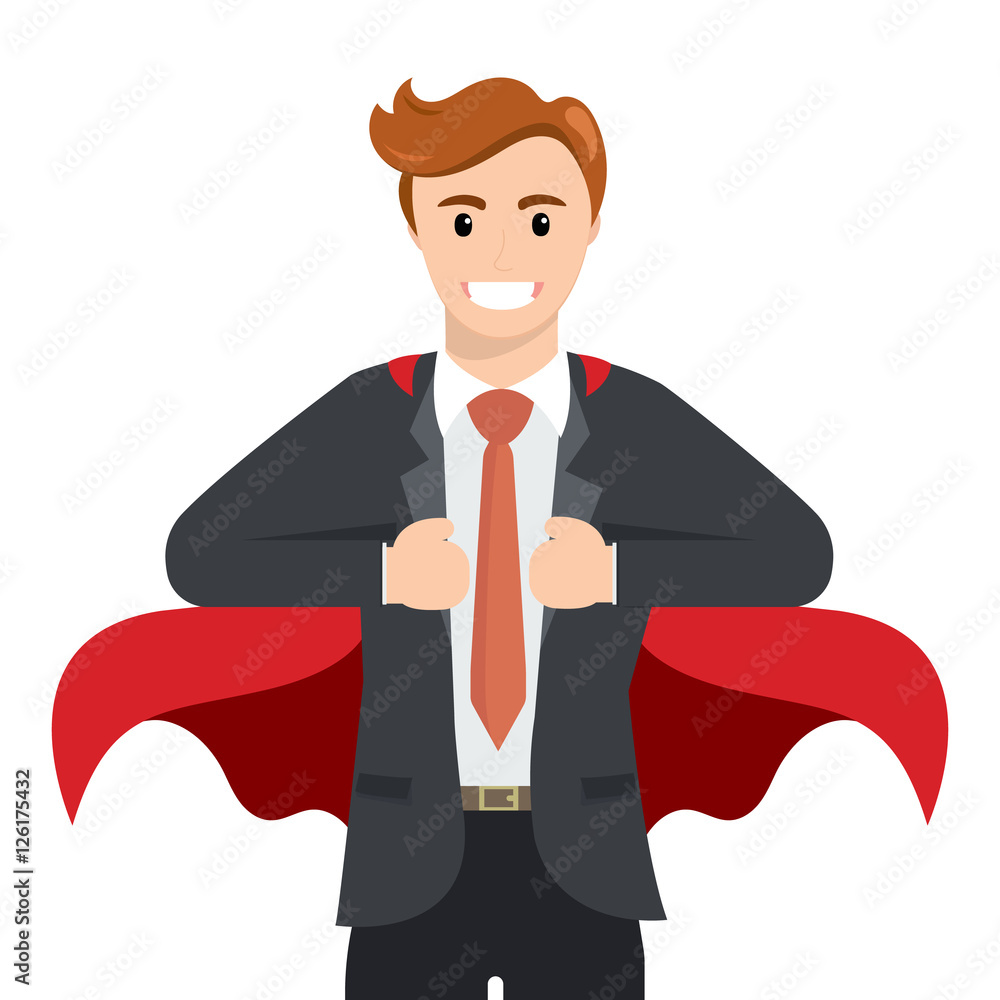 Happy smiling businessman turns in Superhero suit. Super Businessman ...