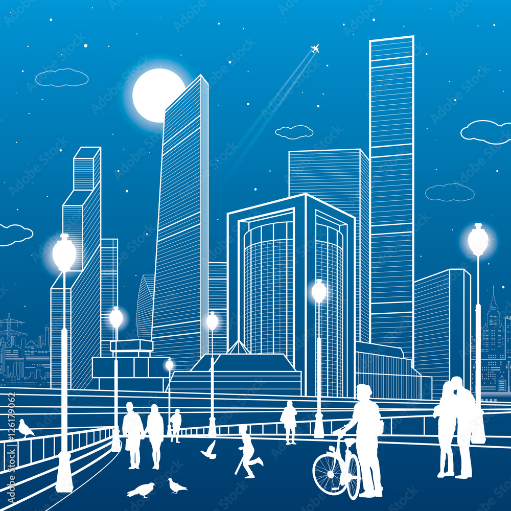 People walking. Business center, architecture and urban illustration ...