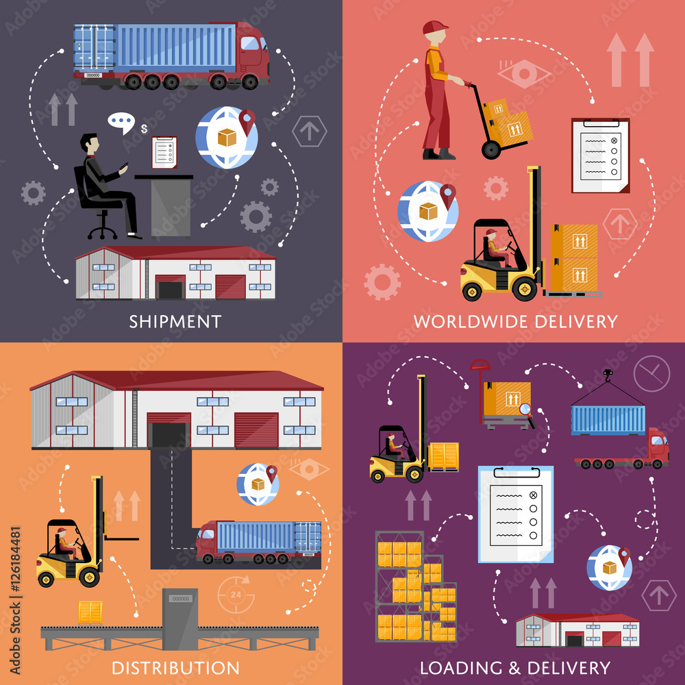 Process of shipping and distribution of goods. Logistic service process ...