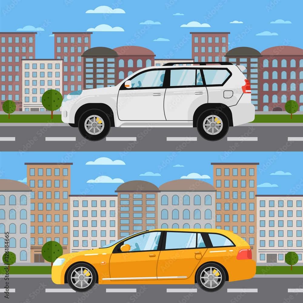 Family universal citycars on road in city vector illustration. Urban ...