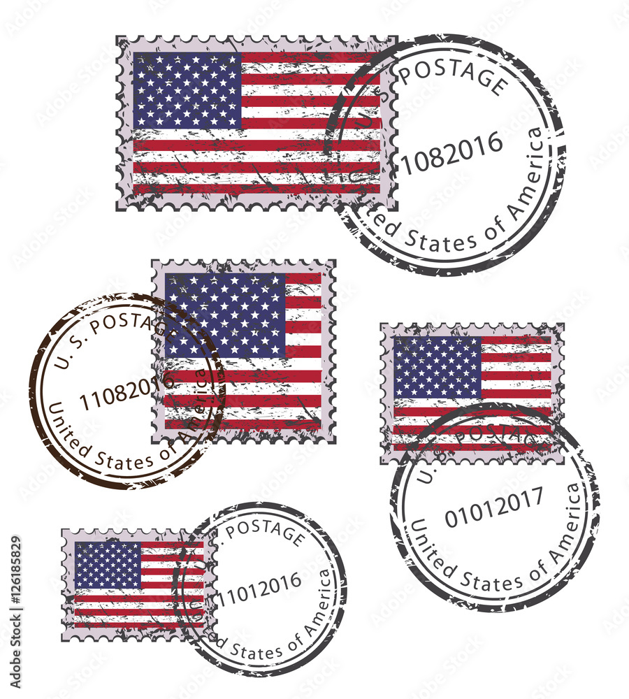 Vintage USA American grunge postal stamps and postmarks with USA flag ...