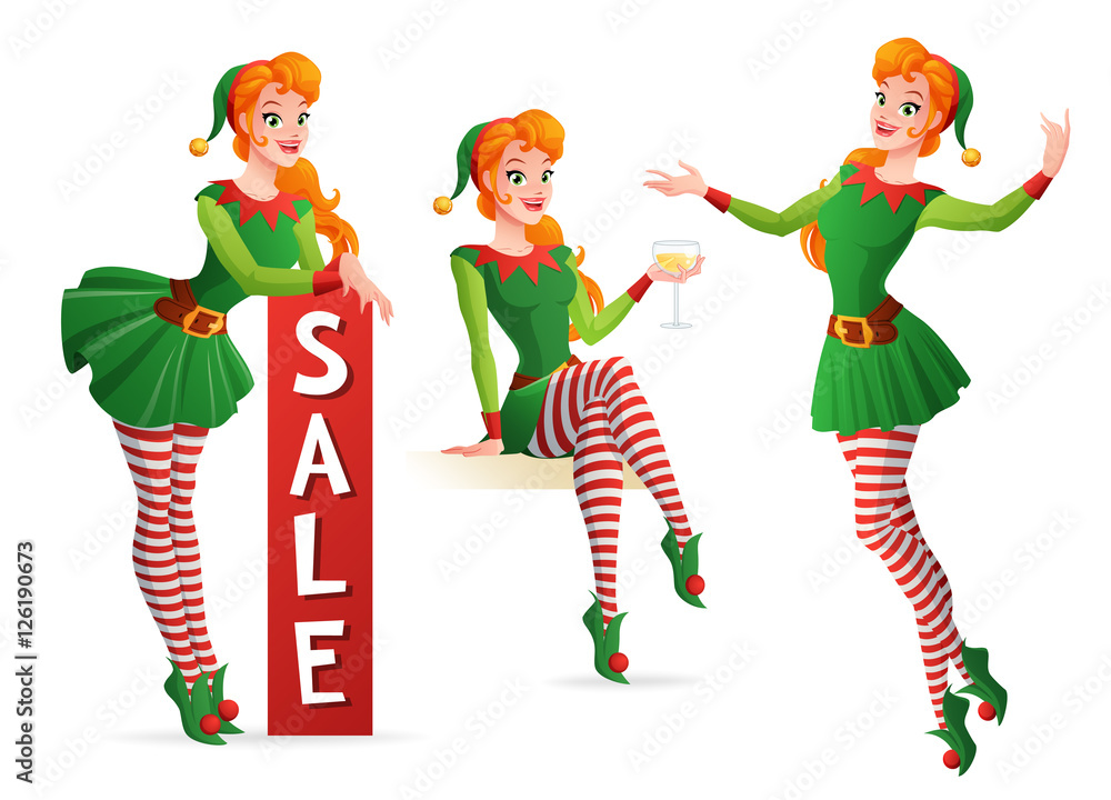 Beautiful vector girl in Christmas elf costume in different poses ...