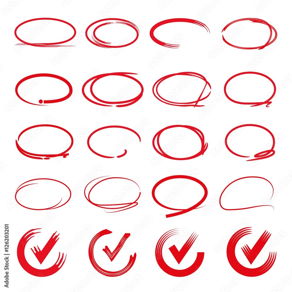 red circle hand drawn set, check marks Stock Vector | Adobe Stock