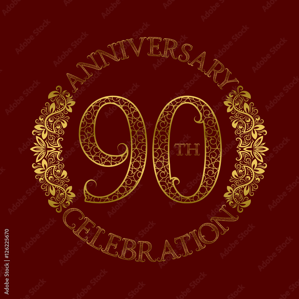 90th anniversary celebration vintage patterned logo symbol. Golden ...
