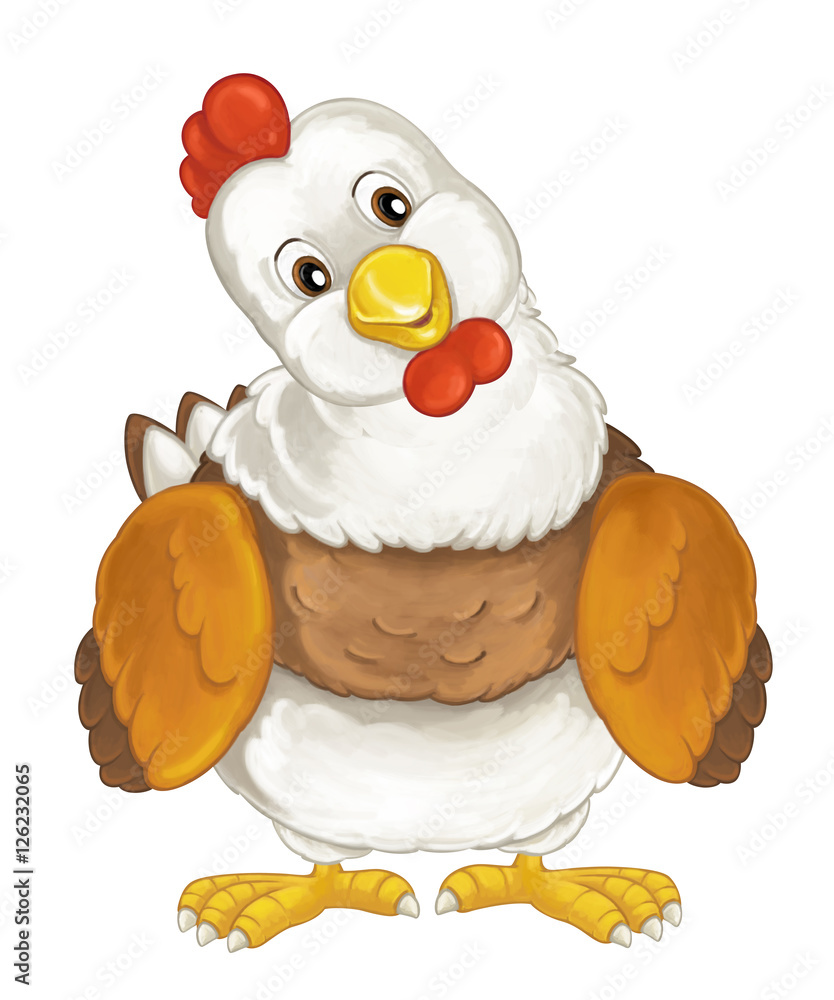 Cartoon happy farm animal - cheerful hen is standing smiling and ...