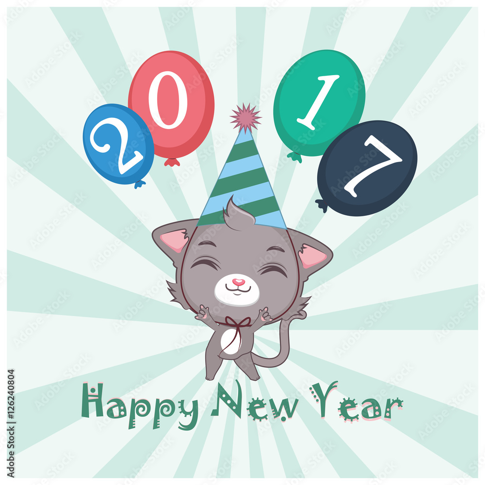 Cute cat celebrating New Year's with balloons Stock Vector | Adobe Stock