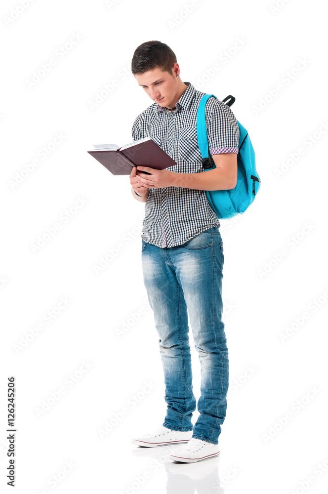 Handsome teen boy with backpack and notepad, isolated on white ...