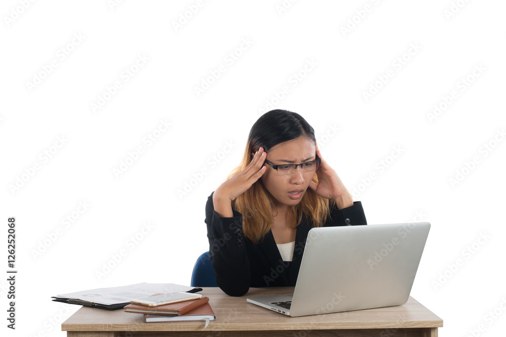 Stressed young business woman at the desk with a laptop isolated Stock ...